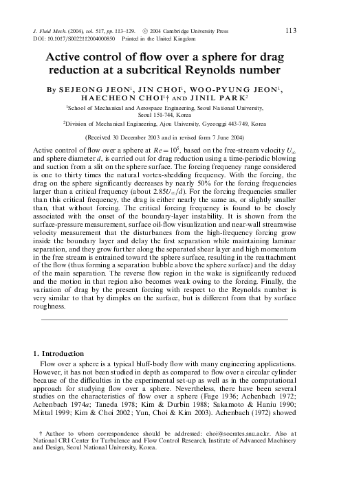 (PDF) Active control of flow over a sphere for drag reduction at a ...