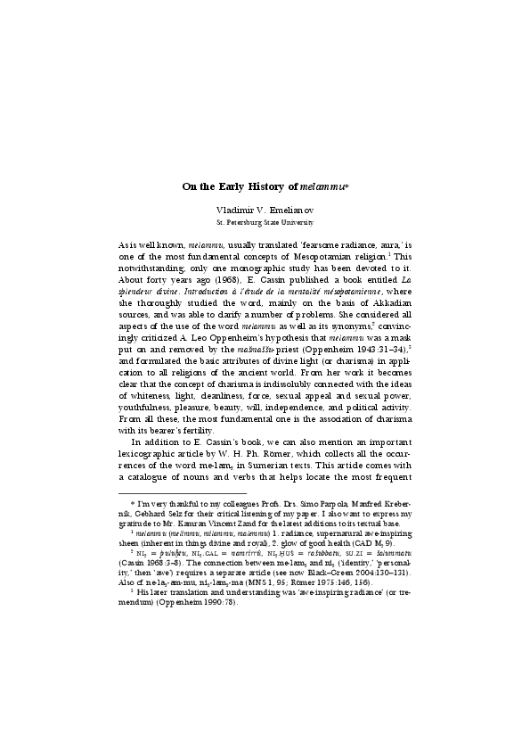 (PDF) On the Early History of melammu