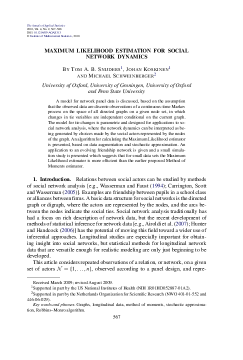 (PDF) Maximum likelihood estimation for social network dynamics