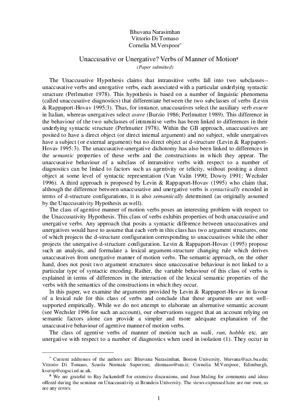 (PDF) Unaccusative or Unergative? Verbs of Manner of Motion