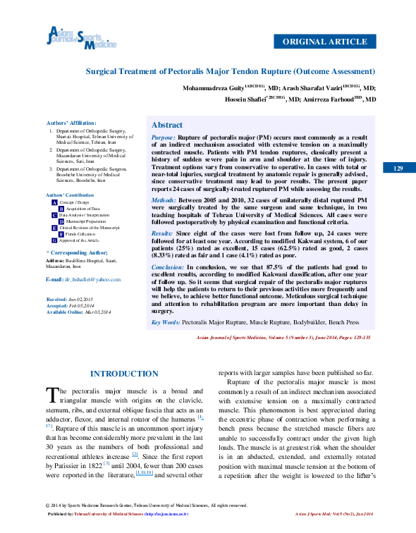 (PDF) Surgical treatment of pectoralis major tendon rupture (outcome ...