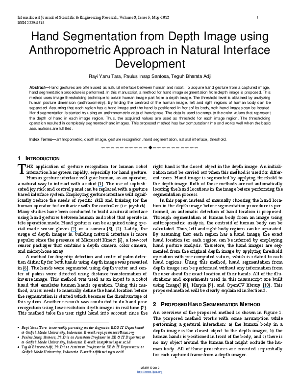 Pdf Hand Segmentation From Depth Image Using Anthropometric Approach