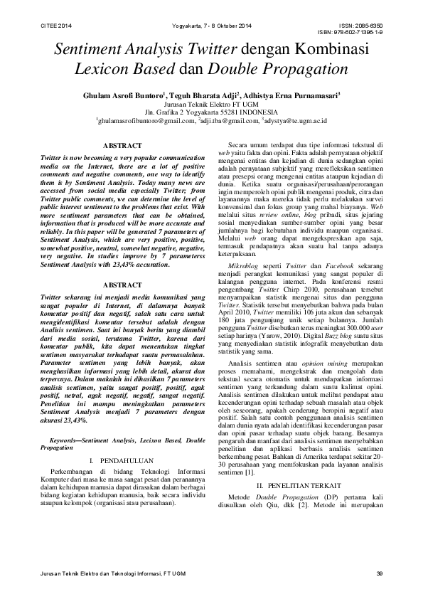 Pdf Sentiment Analysis Twitter Dengan Kombinasi Lexicon Based Dan Double Propagation