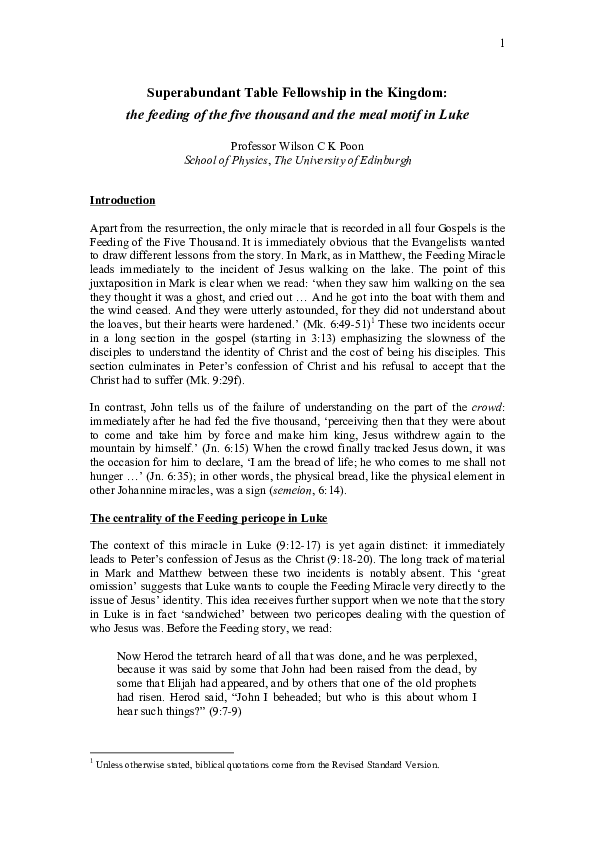 (PDF) Superabundant Table Fellowship in the Kingdom: The Feeding of the Five Thousand and the ...