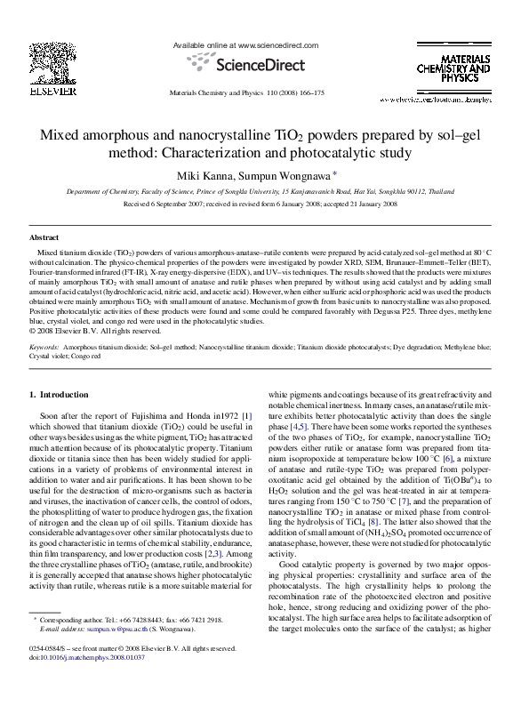 (PDF) Mixed amorphous and nanocrystalline TiO 2 powders prepared by sol–gel method ...