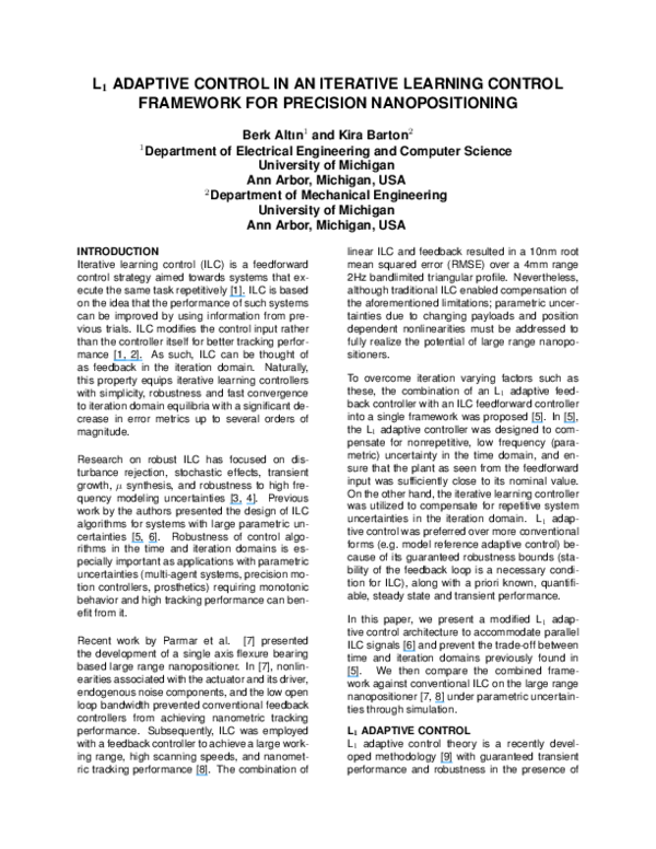 (PDF) L1 Adaptive Control in an Iterative Learning Control Framework for Precision Nanopositoning