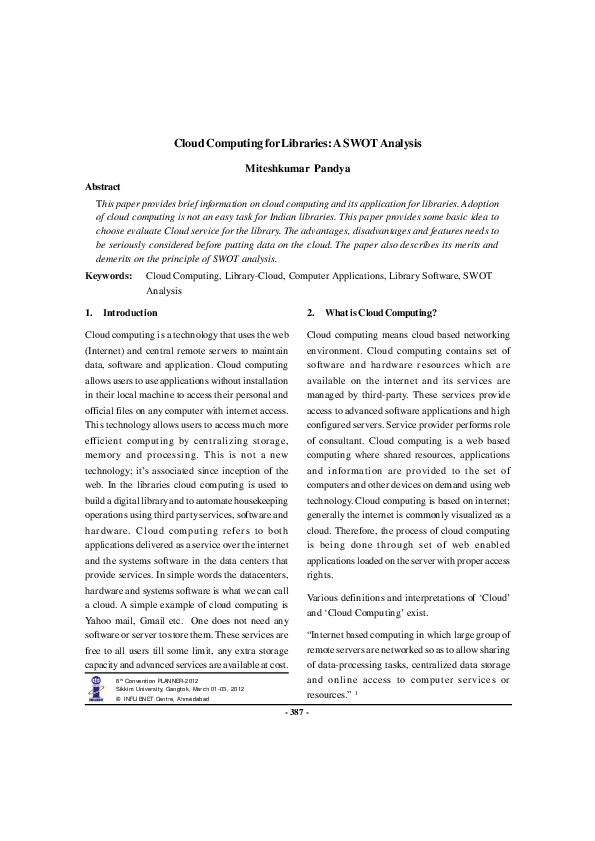 (PDF) 387 - Cloud Computing for Libraries: A SWOT Analysis