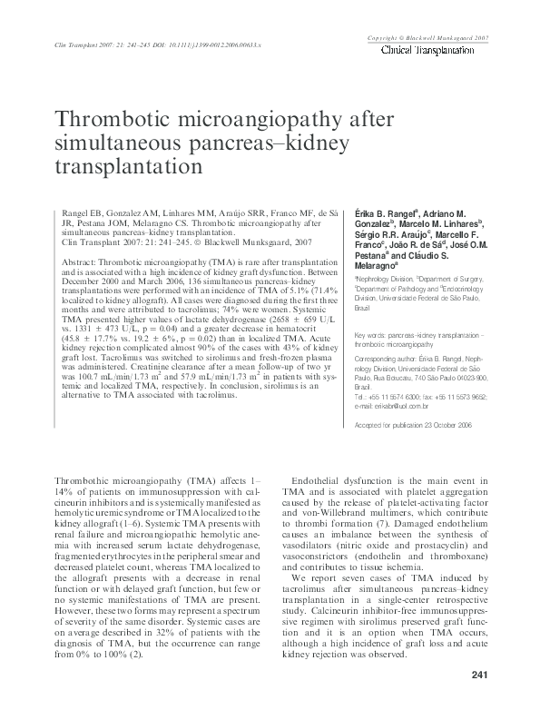 (PDF) Thrombotic microangiopathy after simultaneous pancreas?kidney transplantation