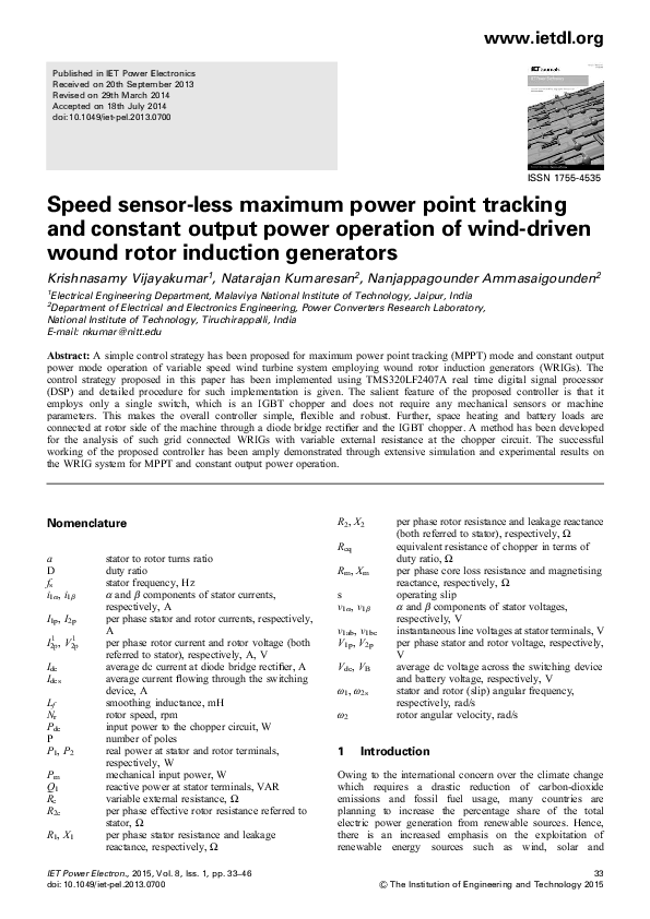 Pdf Speed Sensor Less Maximum Power Point Tracking And Constant Output Power Operation Of Wind