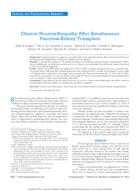(PDF) Charcot Neuroarthropathy After Simultaneous Pancreas-Kidney Transplant