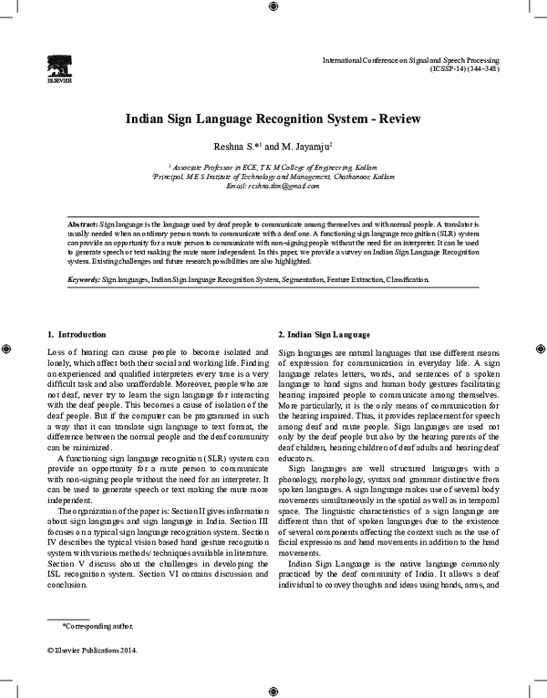 (PDF) Indian Sign Language Recognition System -Review