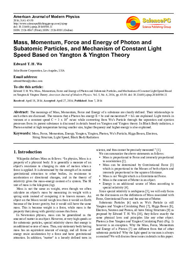 (PDF) Mass, Momentum, Force and Energy of Photon and Subatomic Particles, and Mechanism of ...