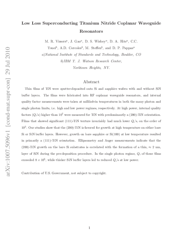 (PDF) Low loss superconducting titanium nitride coplanar waveguide ...