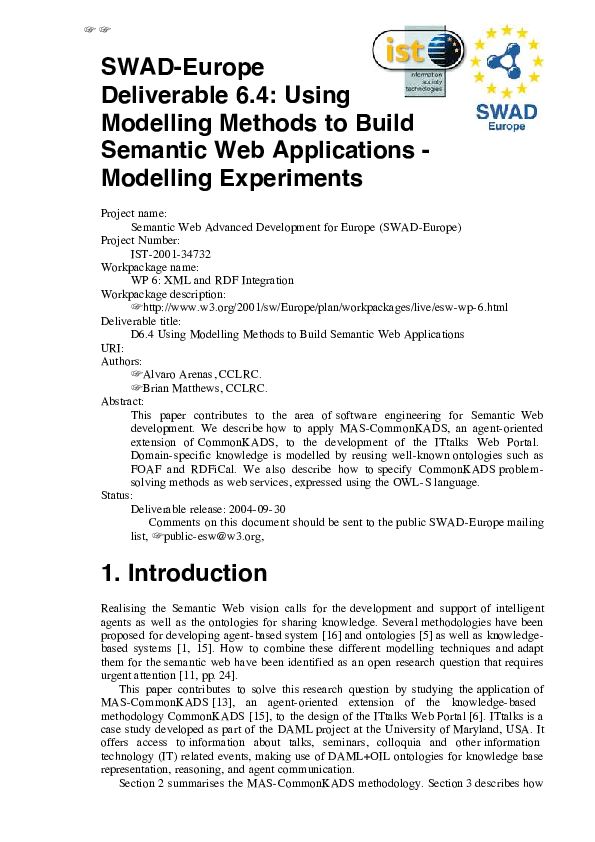 (PDF) SWAD-Europe Deliverable 6.4: Using Modelling Methods to Build Semantic Web Applications-Survey