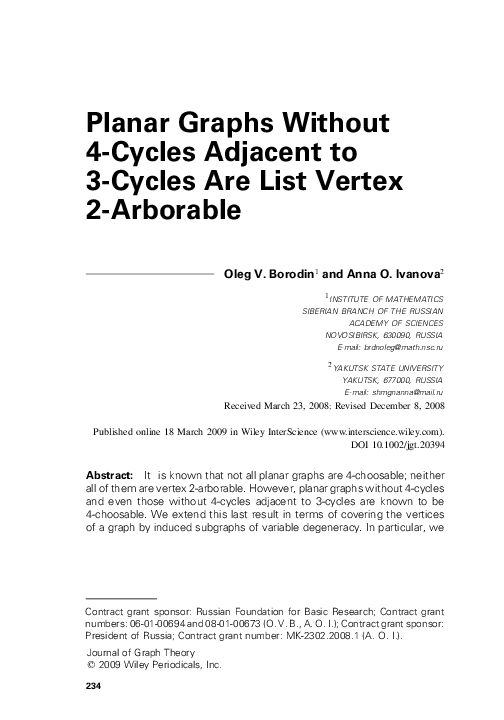 (PDF) Planar graphs without 4-cycles adjacent to 3-cycles are list vertex 2-arborable