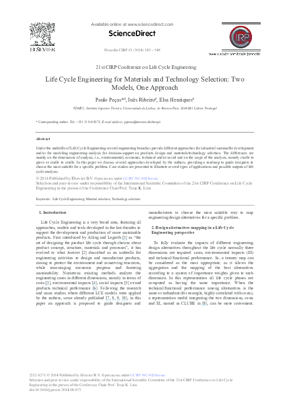 (PDF) Life Cycle Engineering for Materials and Technology Selection ...