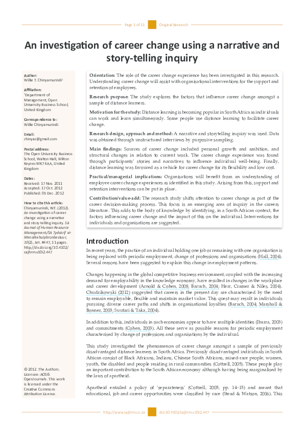 (PDF) An investigation of career change using a narrative and story ...