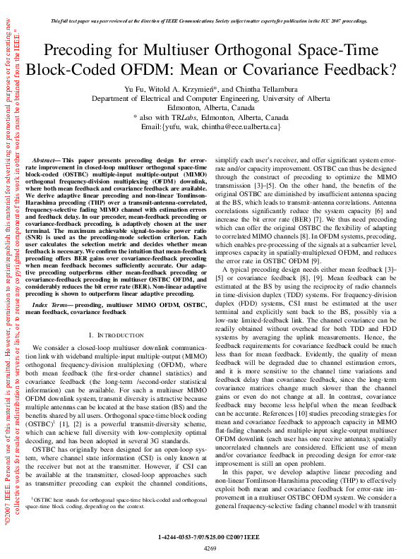 Pdf Precoding For Multiuser Orthogonal Space Time Block Coded Ofdm Mean Or Covariance