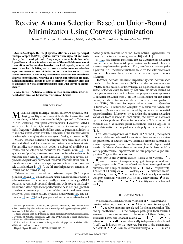 (PDF) Receive Antenna Selection Based on Union-Bound Minimization Using Convex Optimization