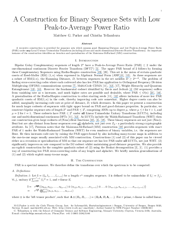 (PDF) A Construction for Binary Sequence Sets with Low Peak-to-Average Power Ratio