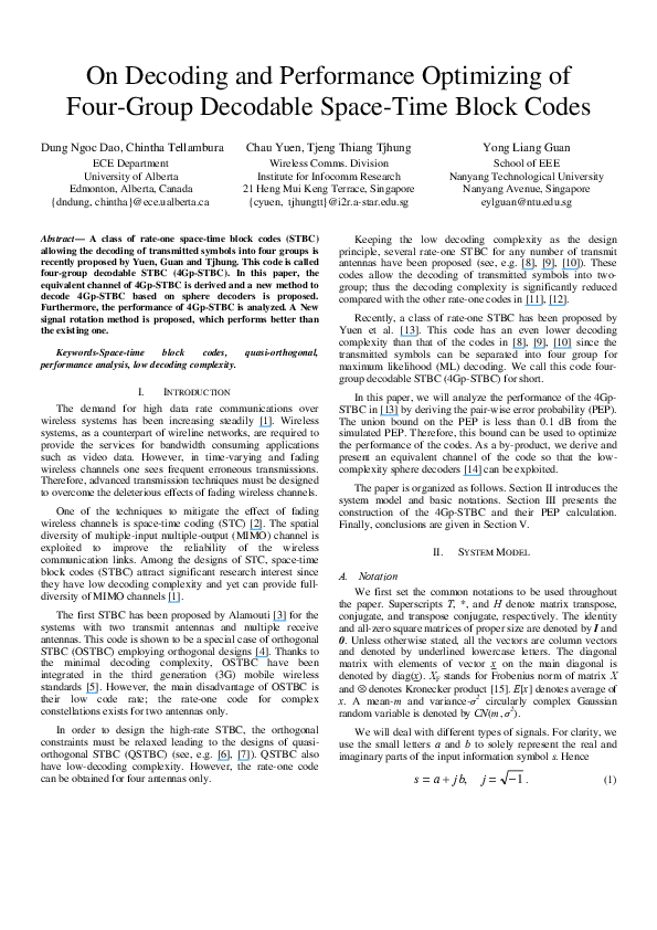 Pdf On The Decoding And Optimizing Performance Of Four Group Decodable Space Time Block Codes