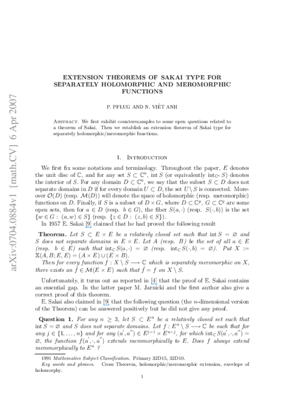 (PDF) Extension theorems of Sakai type for separately holomorphic and meromorphic functions