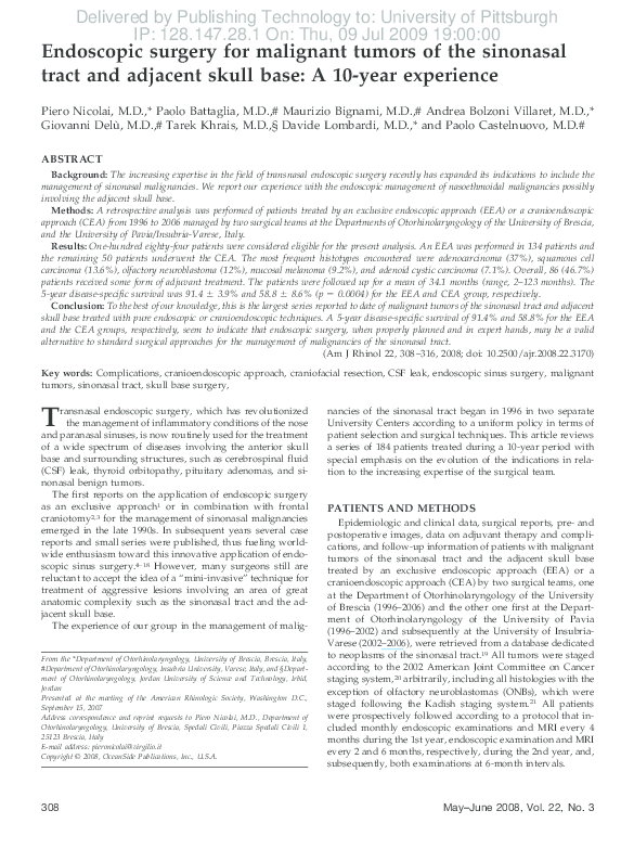 (PDF) Endoscopic surgery for malignant tumors of the sinonasal tract and adjacent skull base: A ...