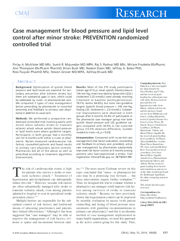 (PDF) Case management for blood pressure and lipid level control after ...