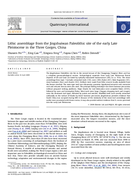 (PDF) Lithic assemblage from the Jingshuiwan Paleolithic site of the early Late Pleistocene in ...