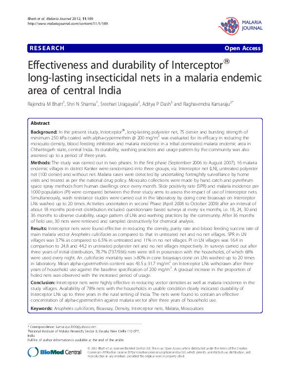 (PDF) Effectiveness and durability of Interceptor® long-lasting insecticidal nets in a malaria ...