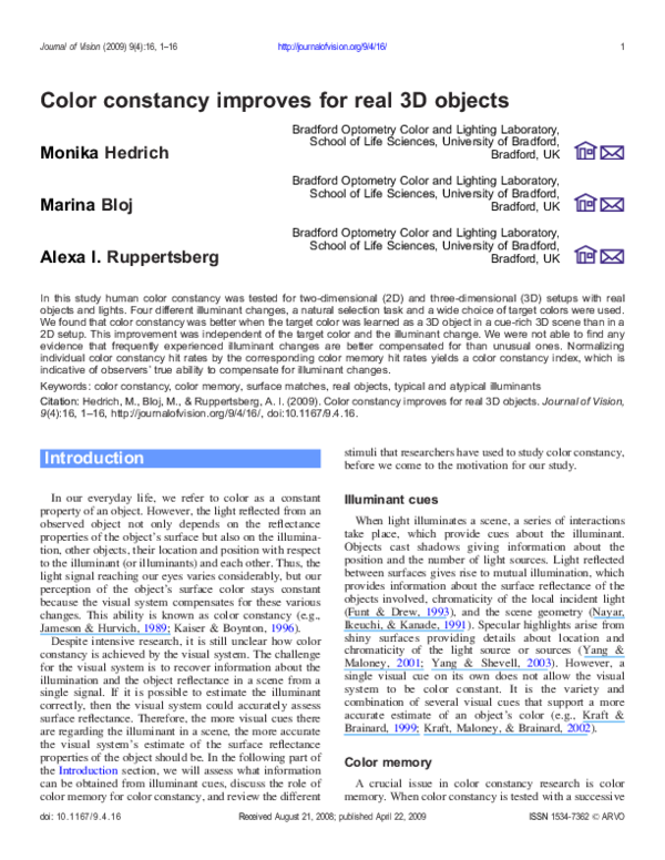 (PDF) Color constancy improves for real 3D objects