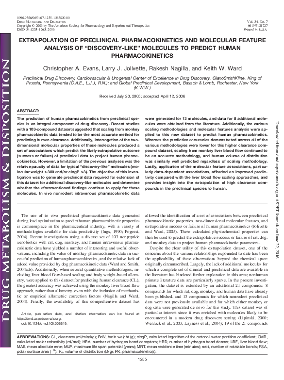 (PDF) EXTRAPOLATION OF PRECLINICAL PHARMACOKINETICS AND MOLECULAR FEATURE ANALYSIS OF "DISCOVERY ...
