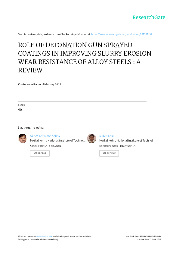 (PDF) ROLE OF DETONATION GUN SPRAYED COATINGS IN IMPROVING SLURRY EROSION WEAR RESISTANCE OF ...