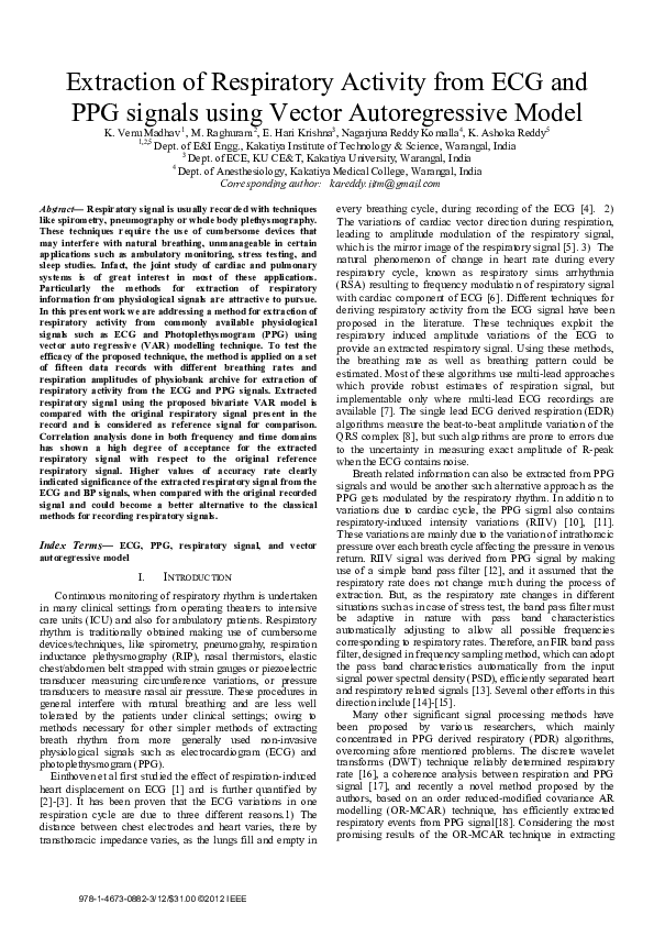 Pdf Extraction Of Respiratory Activity From Ecg And Ppg Signals Using Vector Autoregressive Model