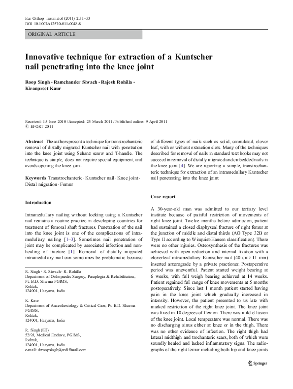 (PDF) Innovative technique for extraction of a Kuntscher nail ...