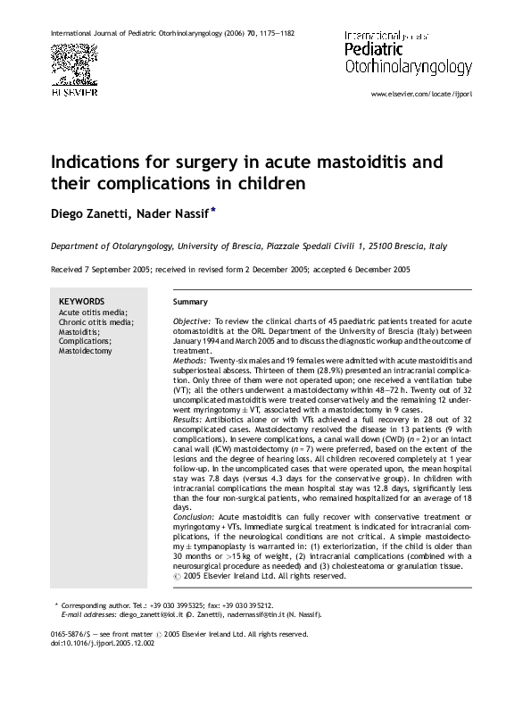 (PDF) Indications for surgery in acute mastoiditis and their ...