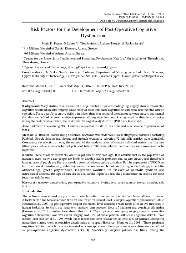 (PDF) Risk Factors for the Development of Post-Operative Cognitive ...