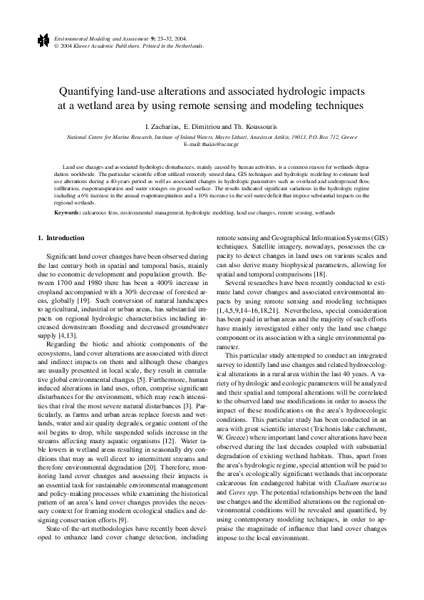 (PDF) Quantifying Land-Use Alterations and Associated Hydrologic Impacts at a Wetland Area by ...