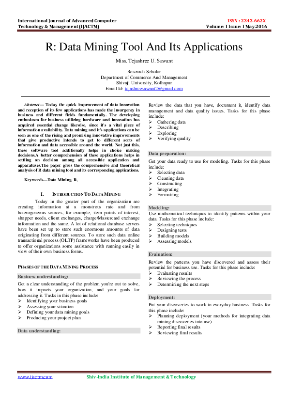 (PDF) R: Data Mining Tool And Its Applications