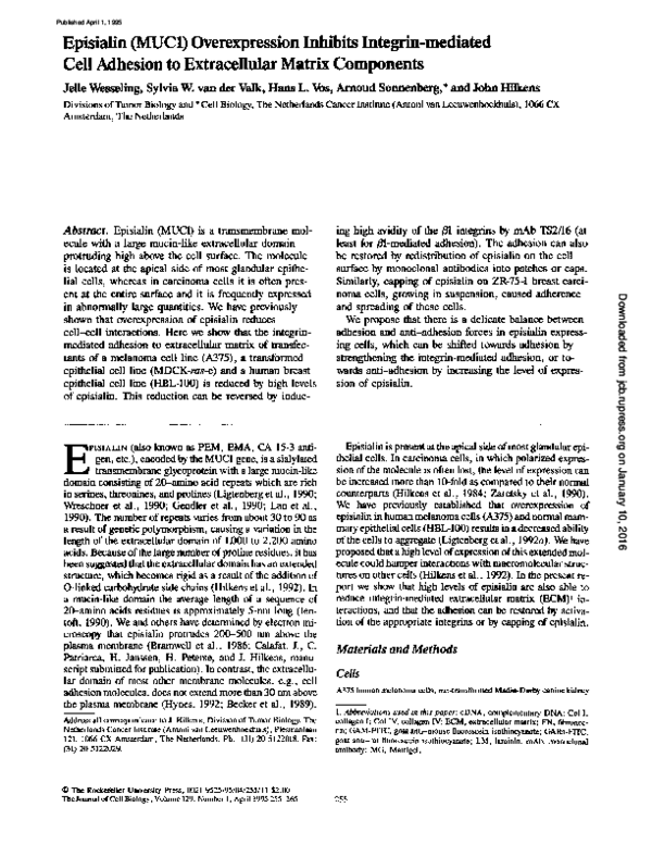 (PDF) Episialin (MUC1) overexpression inhibits integrin-mediated cell ...