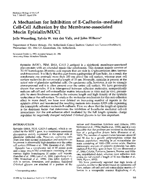 (PDF) A mechanism for inhibition of E-cadherin-mediated cell-cell ...