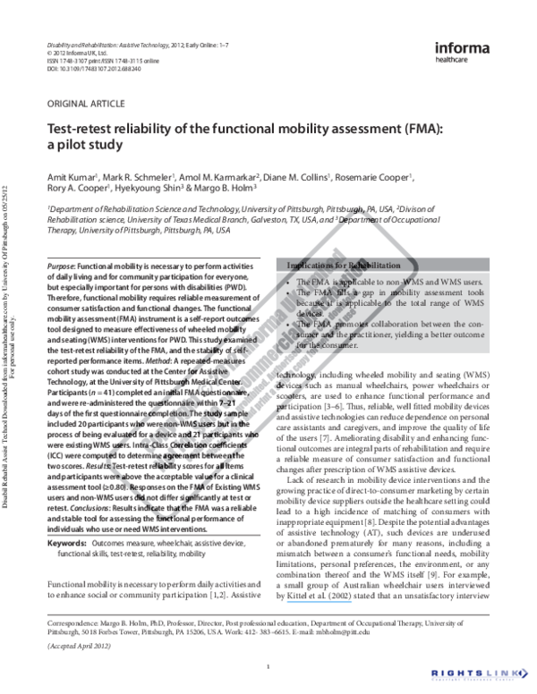 (PDF) Test-retest reliability of the functional mobility assessment ...