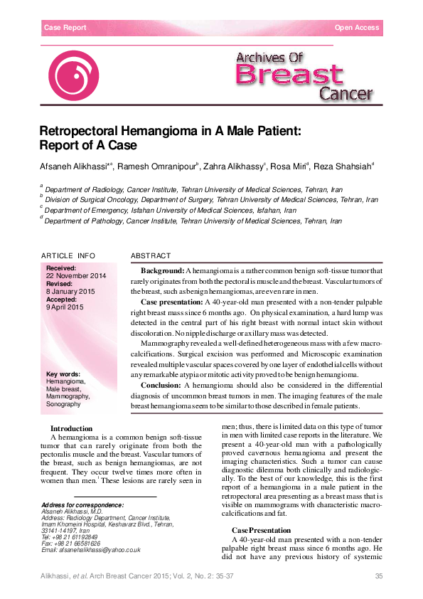 (PDF) Retropectoral Hemangioma in A Male Patient: Report of A Case