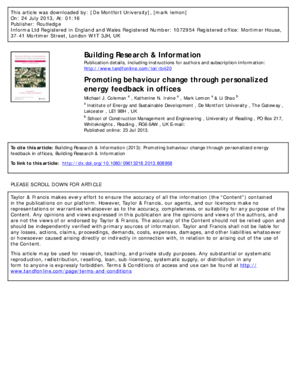 (PDF) Promoting behaviour change through personalized energy feedback ... (PDF) Promoting behaviour change through personalized energy feedback ...