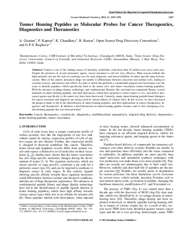 (PDF) Tumor homing peptides as molecular probes for cancer therapeutics, diagnostics and ...