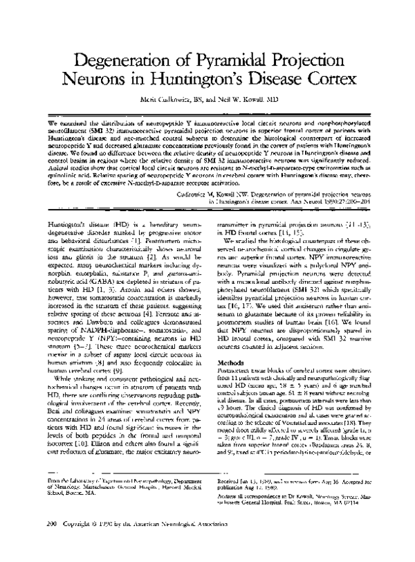 (PDF) Degeneration of pyramidal projection neurons in Huntington's ...