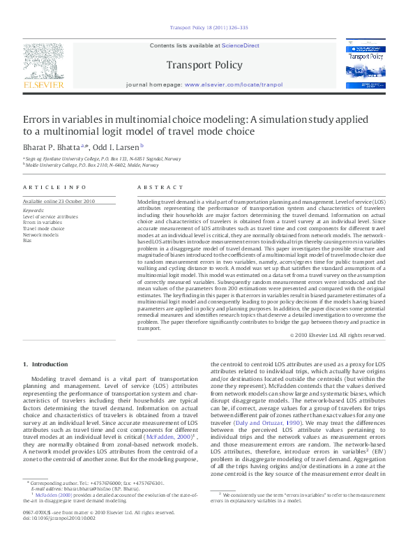 Pdf Errors In Variables In Multinomial Choice Modeling A Simulation