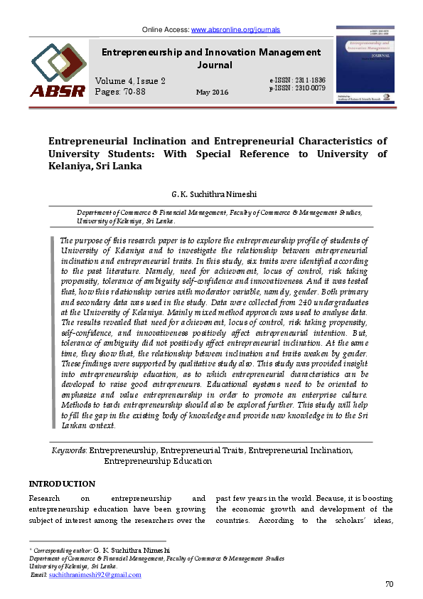 (PDF) Entrepreneurial Inclination and Entrepreneurial Characteristics of University Students ...