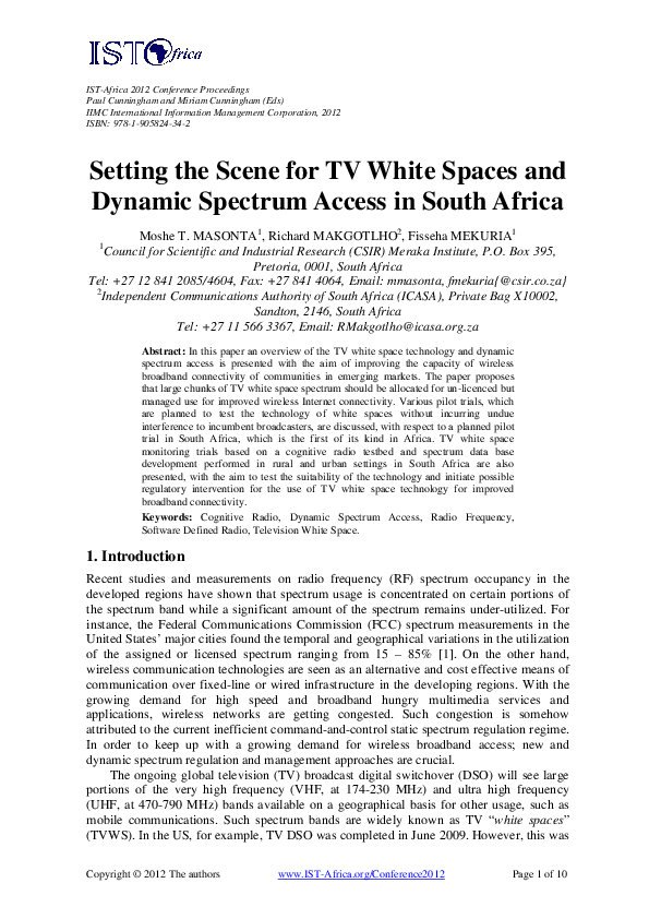 (PDF) Setting scene for TV white spaces and dynamic spectrum access in South Africa