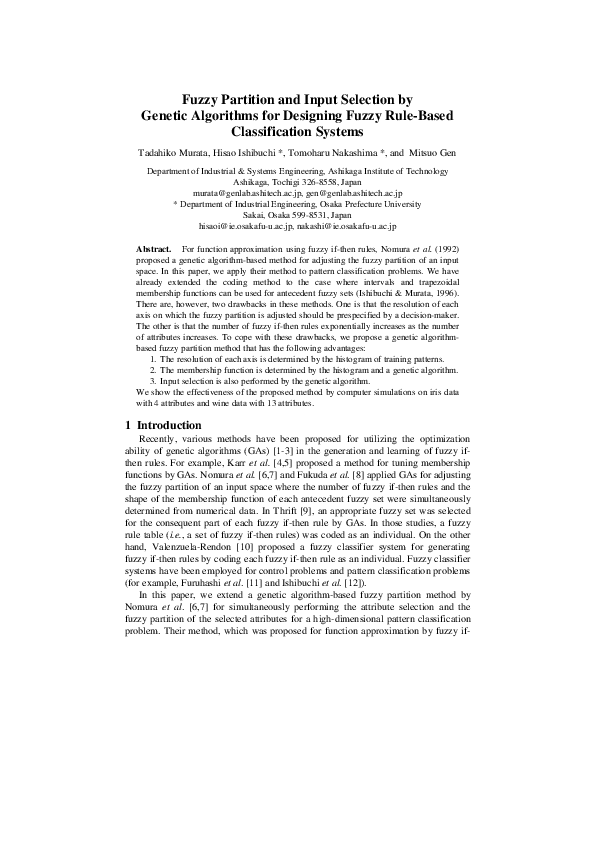 (PDF) Fuzzy partition and input selection by genetic algorithms for designing fuzzy rule-based ...